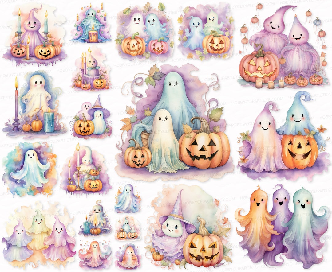 Cute Ghost PNG SVG Printable Clip Art 25 Halloween PNG Watercolor ...