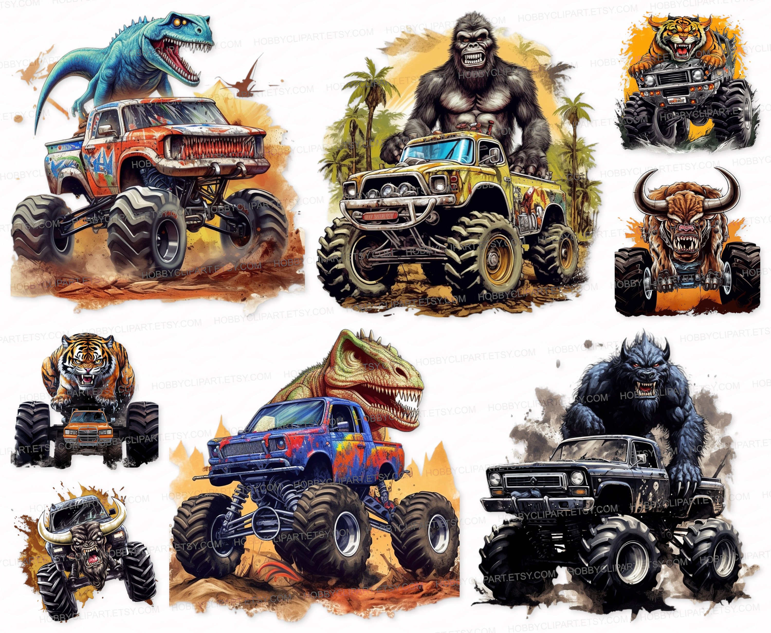 Car Monster PNG SVG Watercolor 8 Clipart Set Illustration Car Monster ...