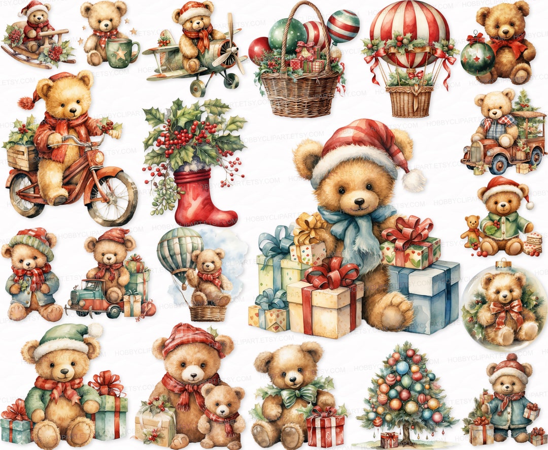 Christmas Teddy Bear PNG SVG Bundle Watercolor Clip Art 26 Clipart ...