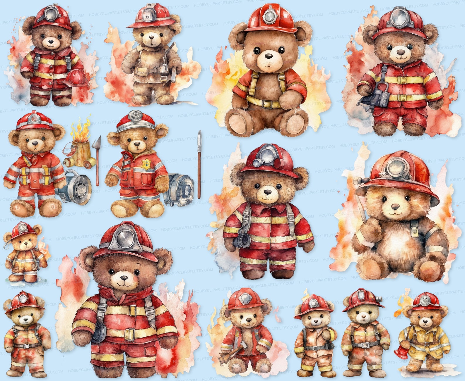 Teddy Bear Firefighter PNG SVG Watercolor Clipart Set Teddy Bear ...