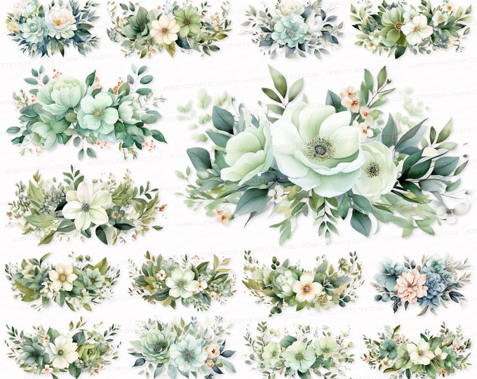 Green Flower Border Clipart, Watercolor Floral Border PNG Bundle ...