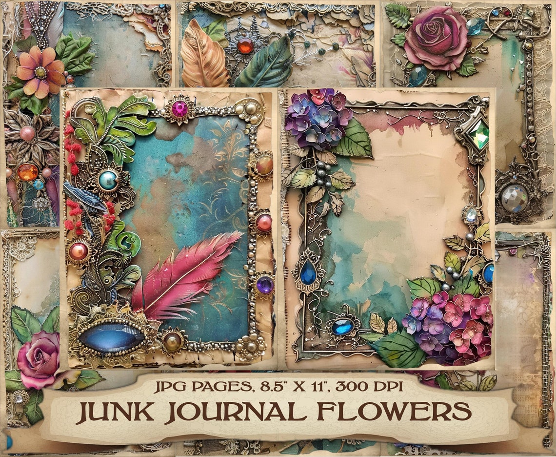 Vintage Flower Digital Junk Journal Pages 30 JPG PDF Scrapbooking Craft ...