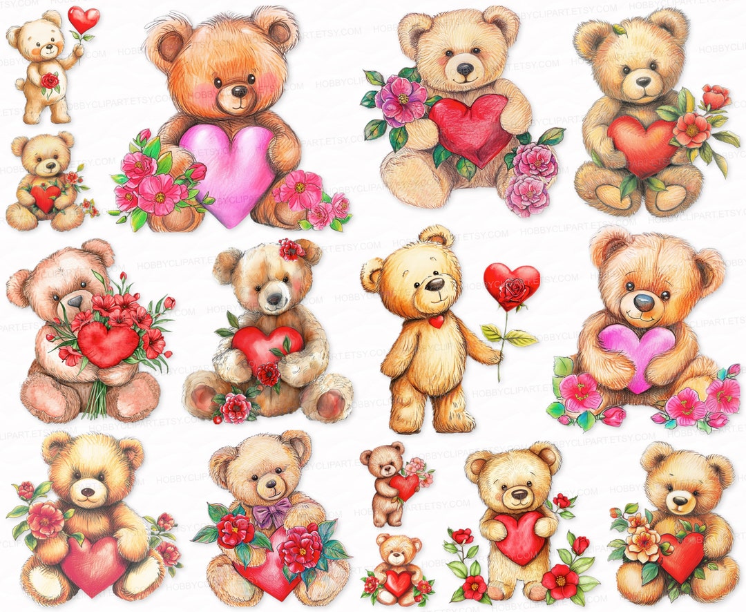 Valentine's Day Teddy Bear Clipart Bundle: Floral Heart PNG SVG ...