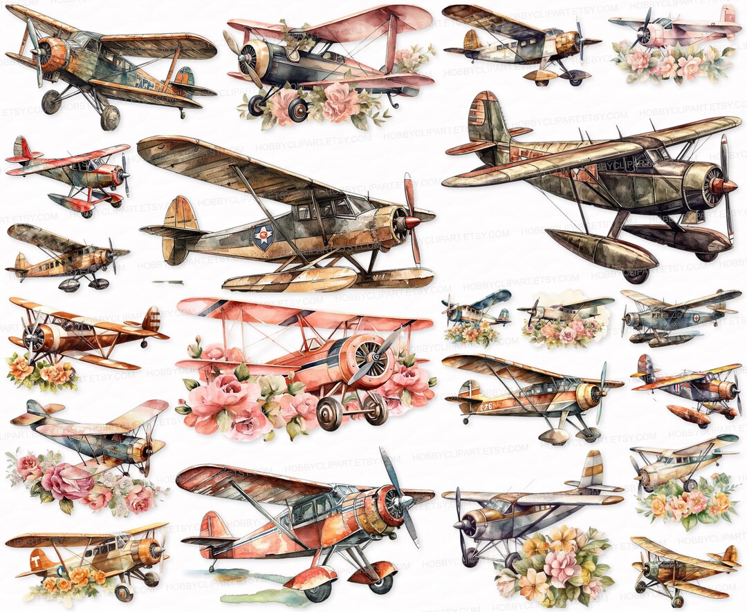 Buy Watercolor Airplane Clipart Set: Vintage Aircraft PNG SVG (digital ...