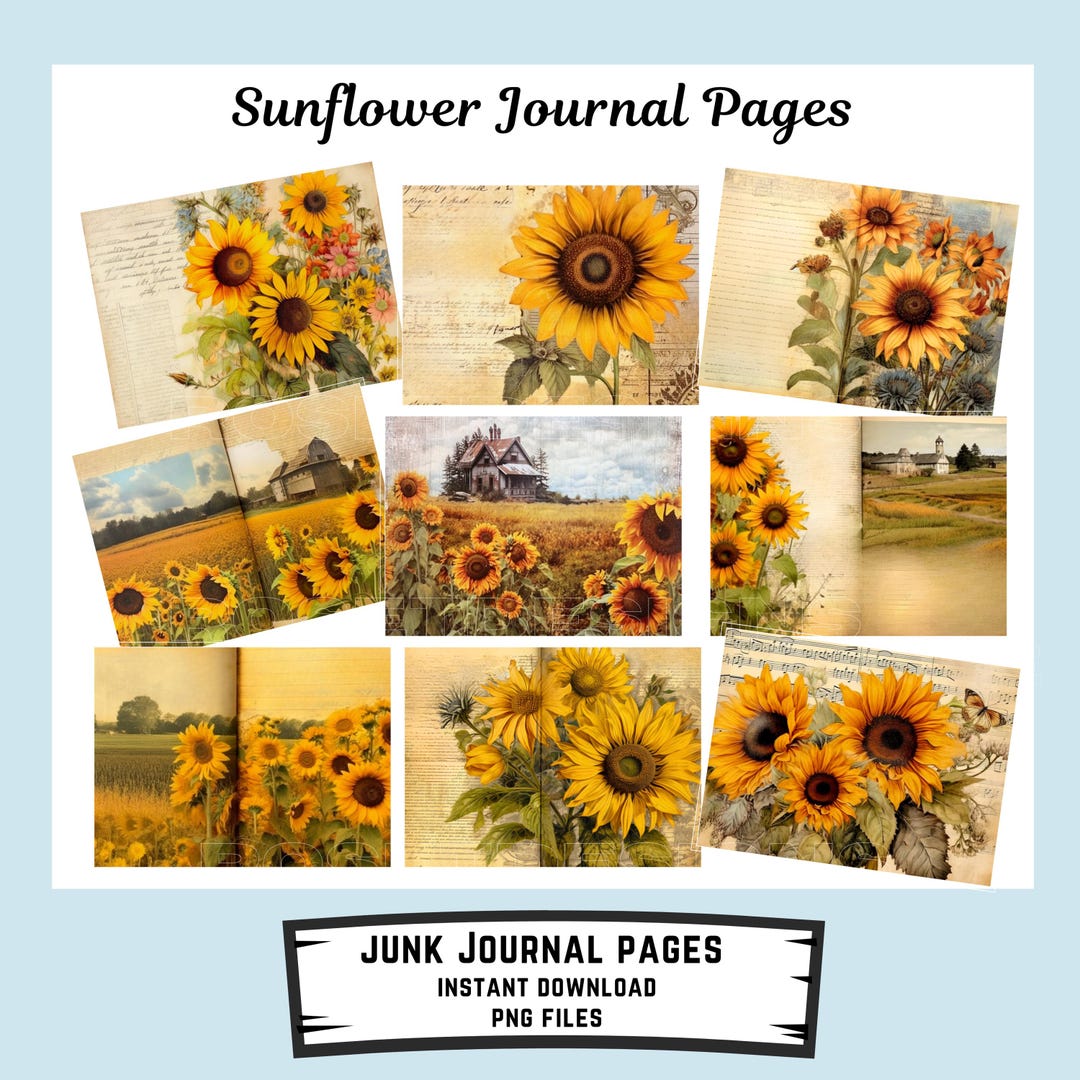Sunflower Junk Journal Pages | Vintage Style Sunflower Journal Kit ...