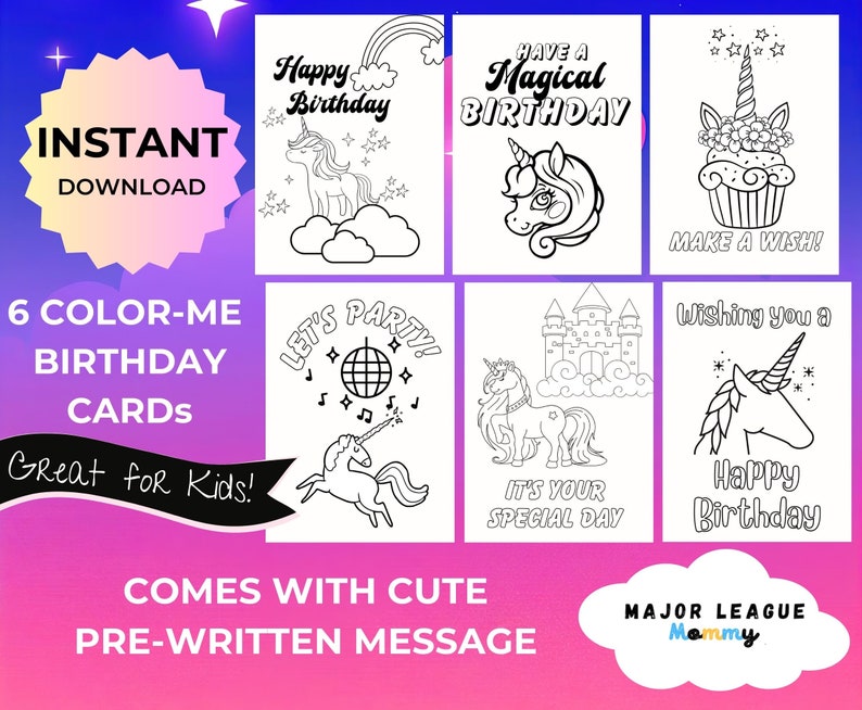 6-pack Unicorn Color Your Own PRINTABLE Birthday Cards, Color Me Card ...