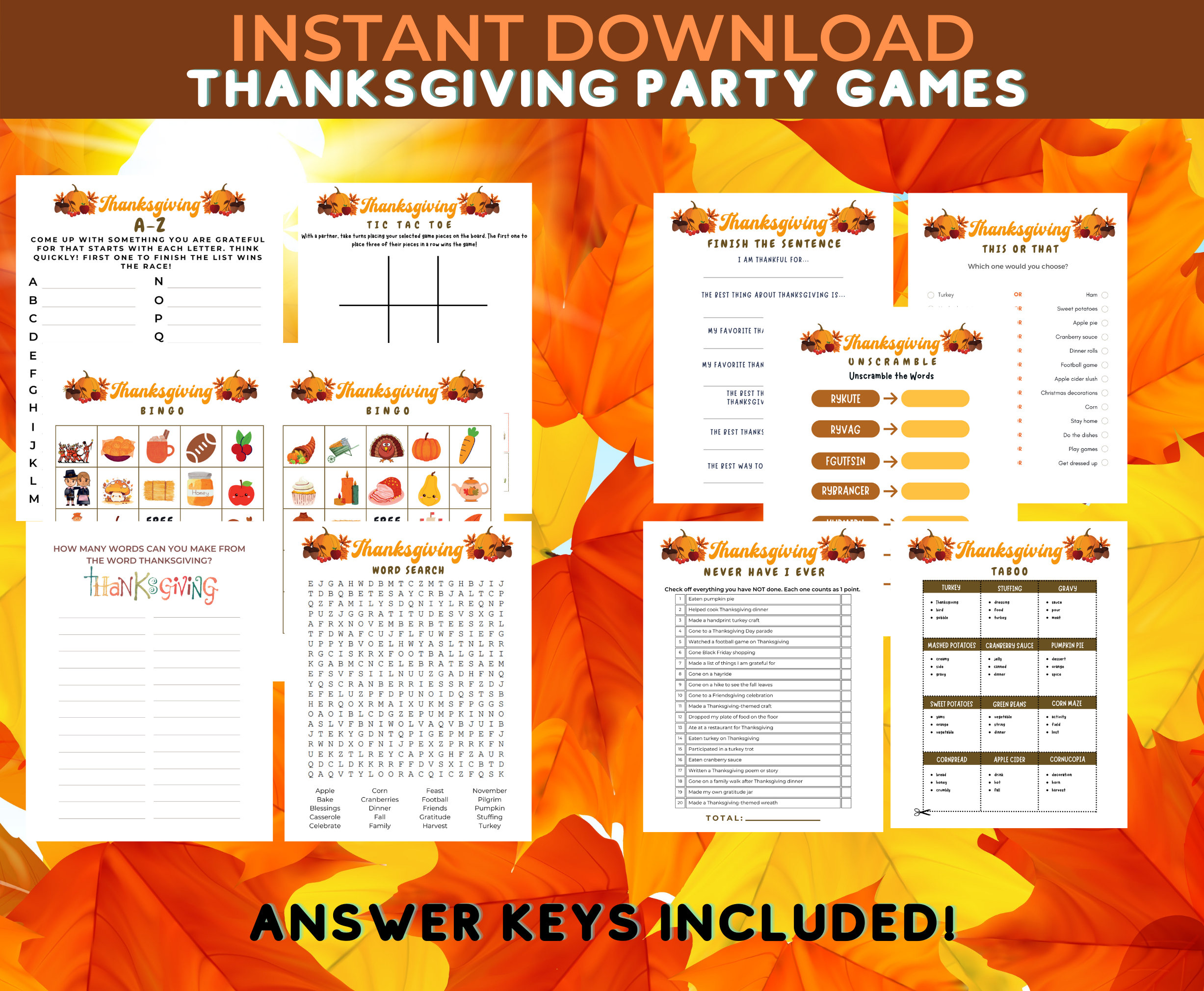 Printable Thanksgiving Game Bundle Thanksgiving Activities - Etsy