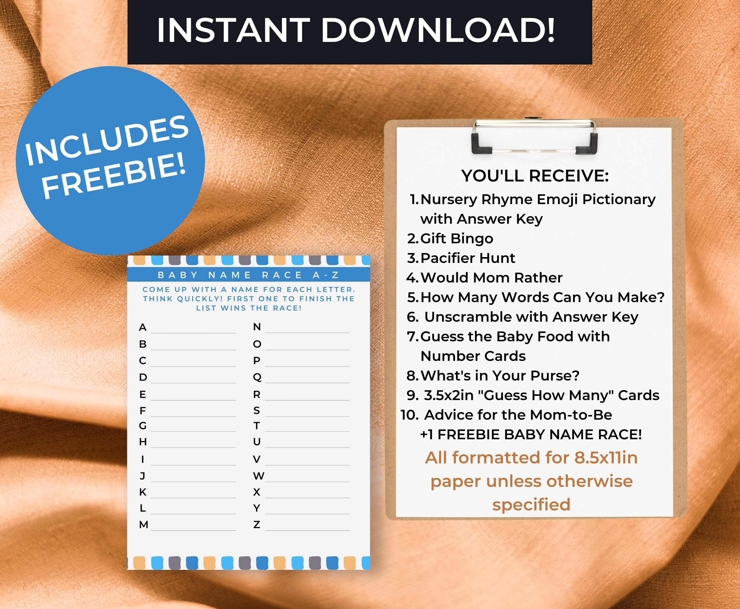 Boy Baby Shower Games, Set of 10 PLUS Bonus Baby Name Race Printable ...