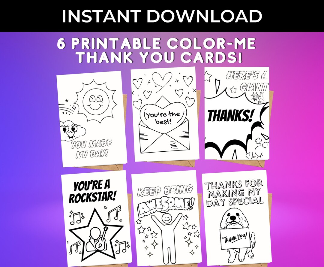6-pack Color-me Thank You Cards for Kids, Digital Thank You Cards, DIY ...
