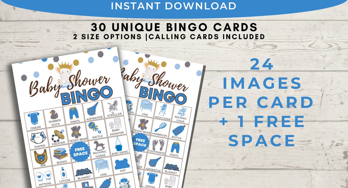 30 Blue Baby Shower Bingo Game Cards Printable, Blue Theme Baby Shower ...