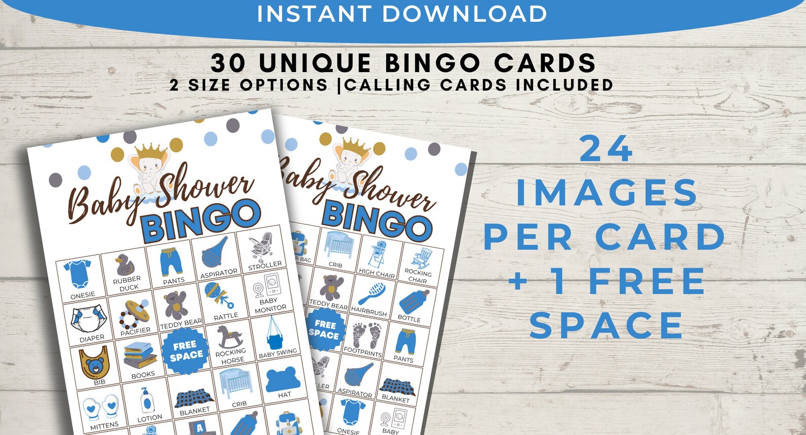 30 Blue Baby Shower Bingo Game Cards Printable, Blue Theme Baby Shower ...