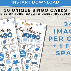30 Blue Baby Shower Bingo Game Cards Printable, Blue Theme Baby Shower ...