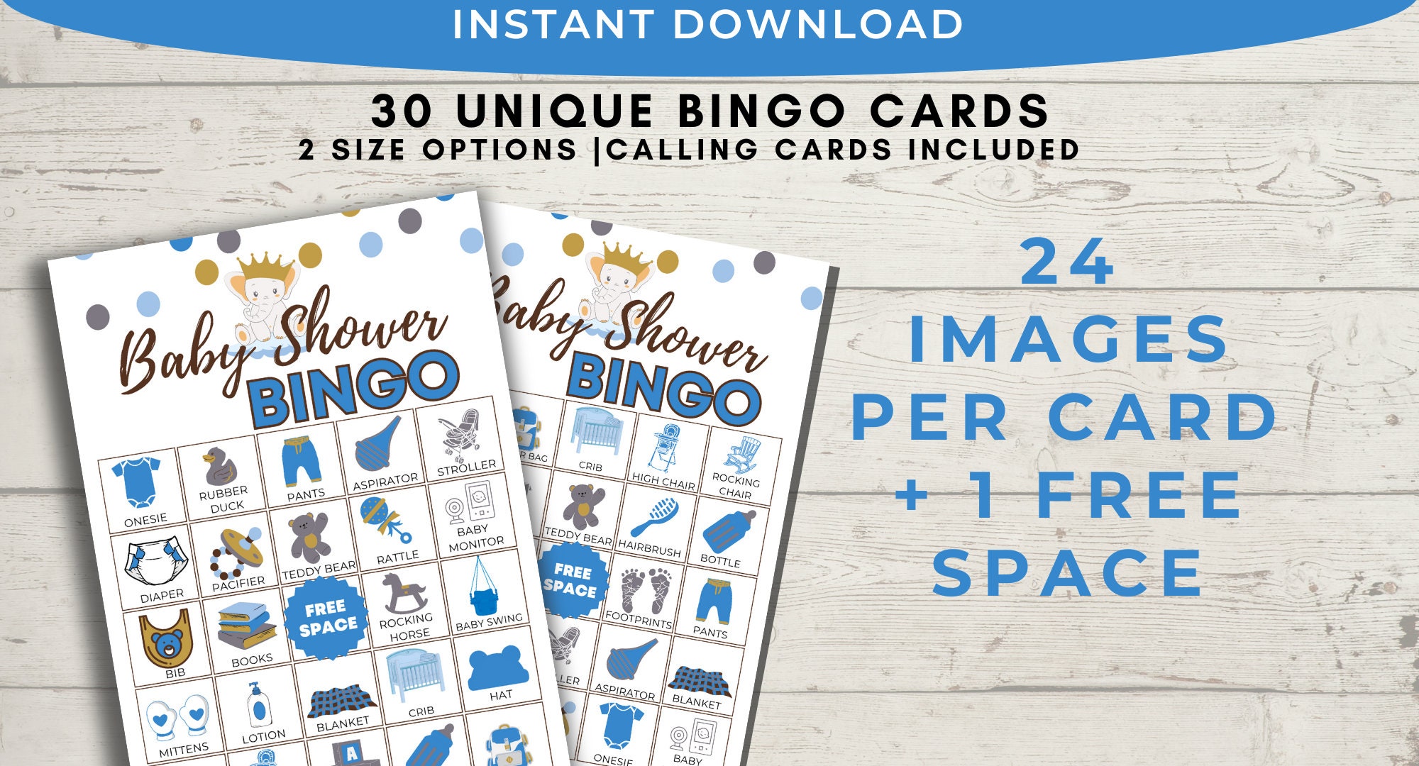 30 Blue Baby Shower Bingo Game Cards Printable, Blue Theme Baby Shower ...