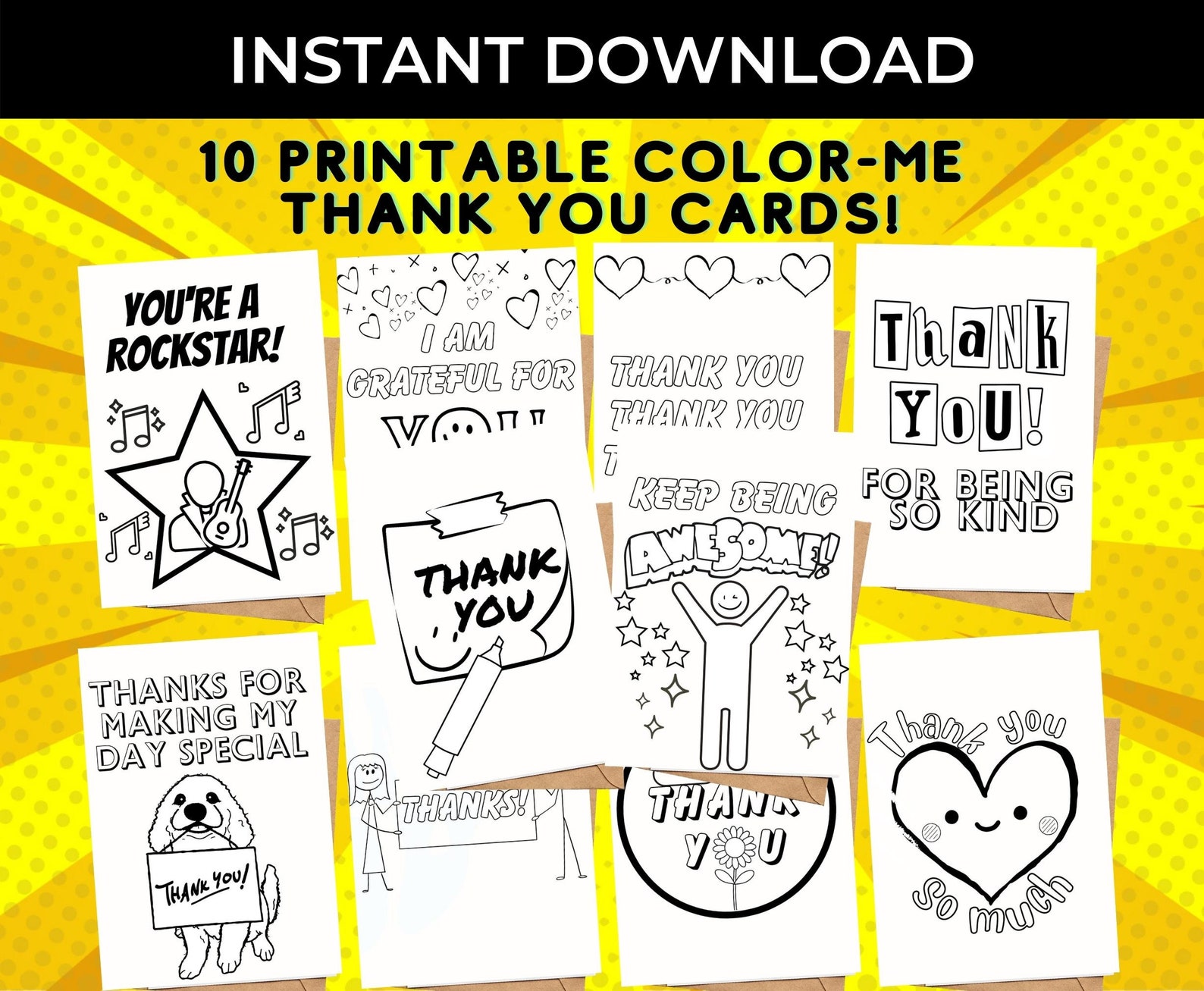 10 Printable Thank You Cards, Color Your Own Thank You Card, Kids ...