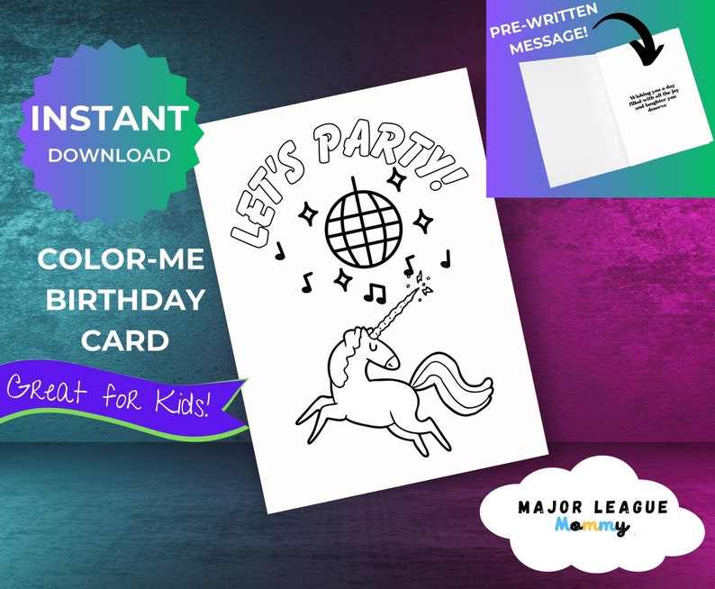 Let's Party PRINTABLE Kids Birthday Card, Color Your Own Card, Unicorn ...