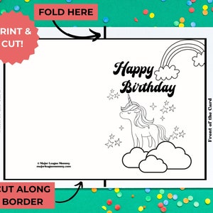 Printable Happy Birthday Card, Coloring Birthday Card, Unicorn Birthday ...