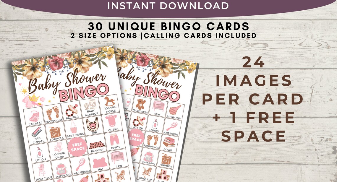 Floral Baby Girl Baby Bingo Set, 30 Baby Shower Prefilled Bingo Cards ...