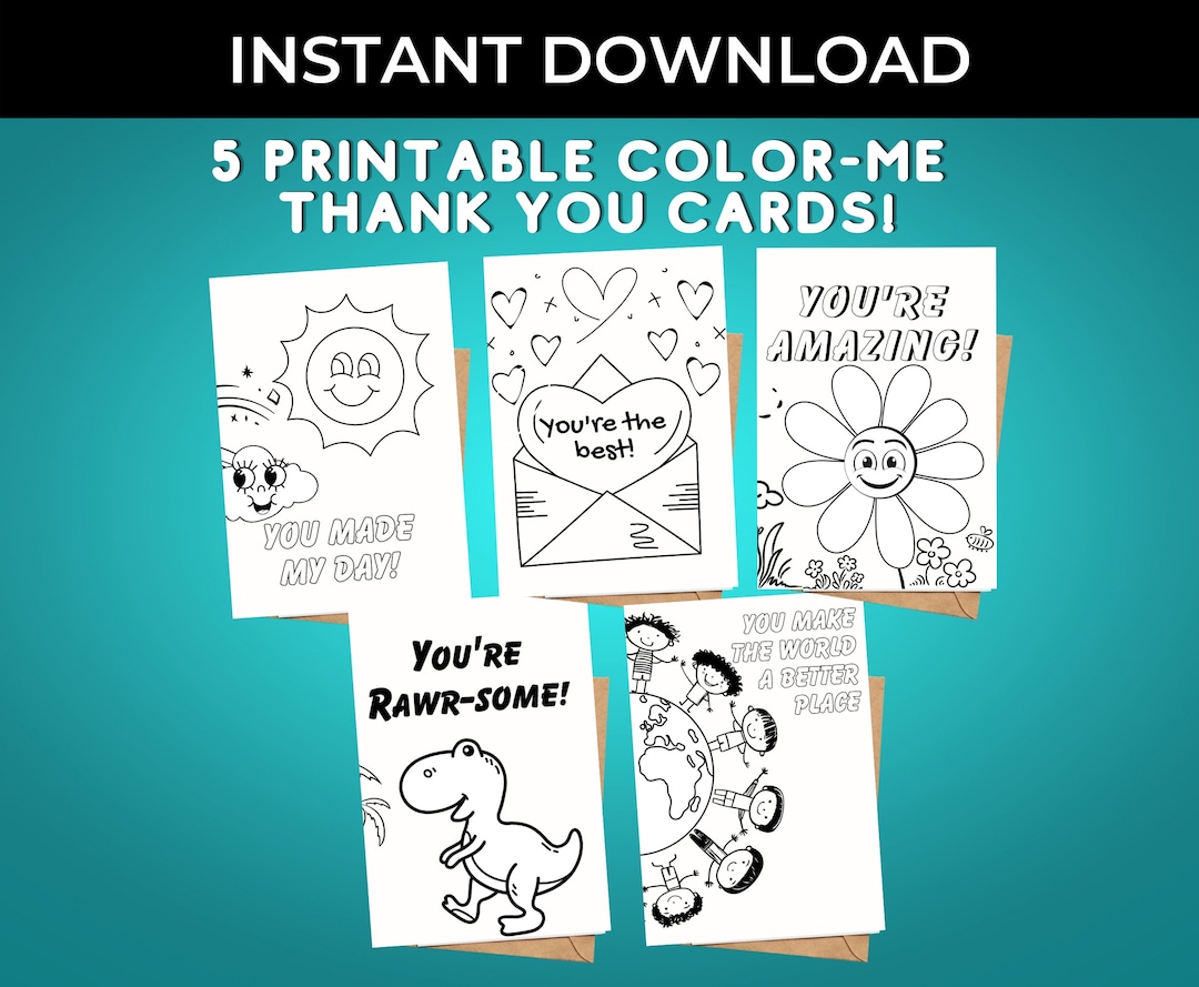 5-pack Printable Thank You Card for Kids, Printable Stationery, Thank ...