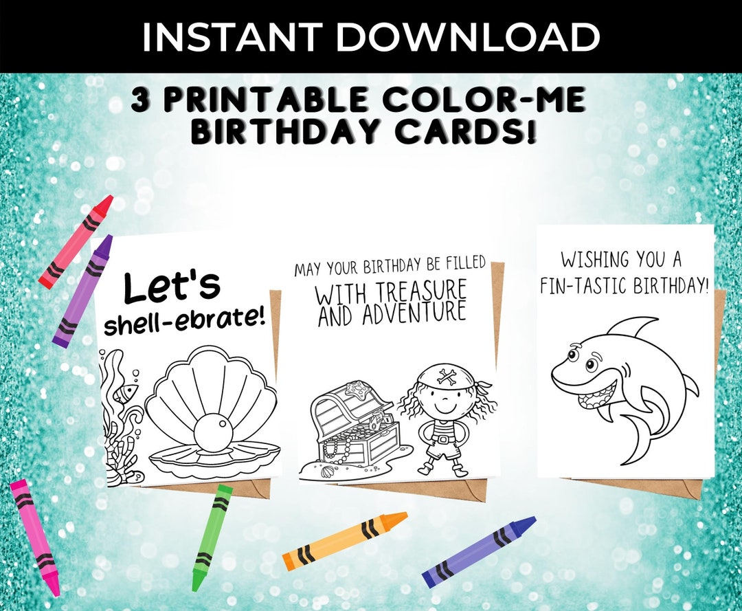 Set of 3 Printable Sea Themed Birthday Cards, Ocean Animal Birthday ...