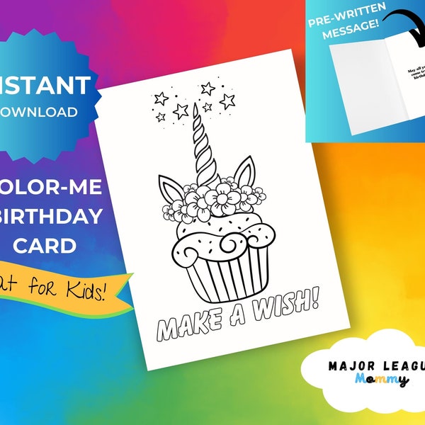 Printable Coloring Birthday Card, Make a Wish Unicorn Birthday Card ...