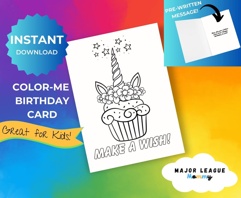 Printable Coloring Birthday Card, Make a Wish Unicorn Birthday Card ...
