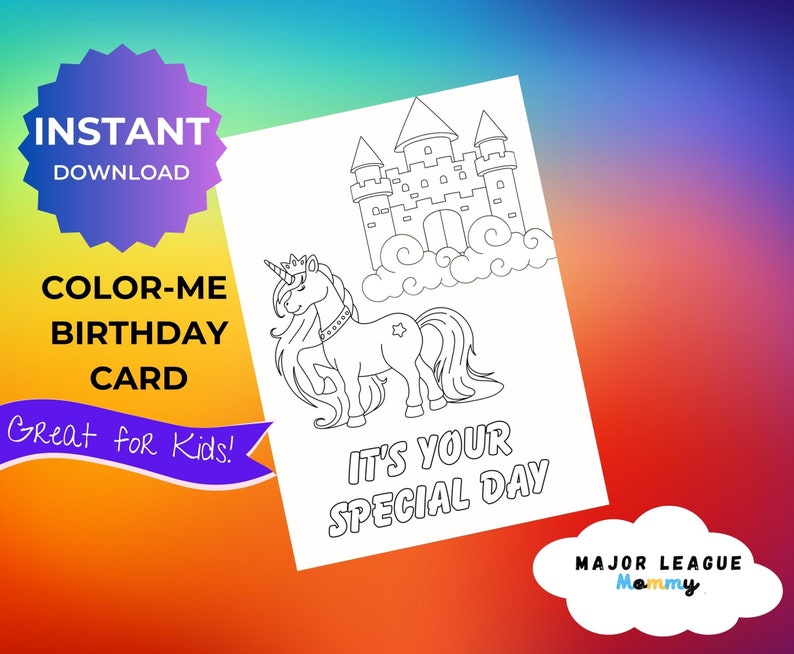 Unicorn Birthday Card, Printable Coloring Birthday Card, Instant ...