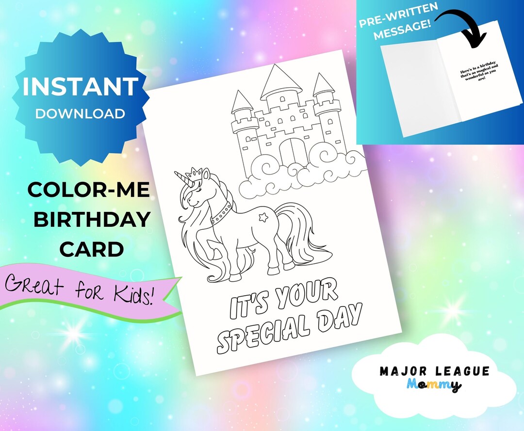 DIY Unicorn Coloring Card, Birthday Coloring Card for Kids, Color Your ...