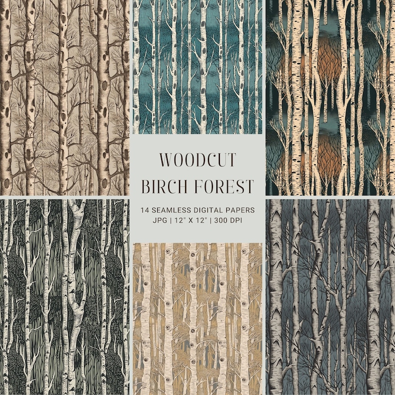 Woodcut Birch Forest - Seamless Pattern, Woodcut Birch Forest ...