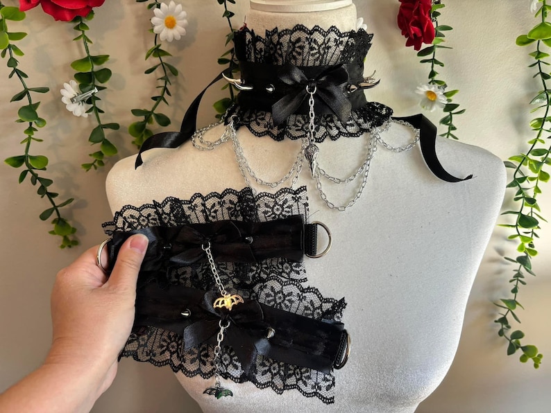 Black Gothic Bat Skull Victorian Lace Spiked Bondage Bdsm Collar and ...