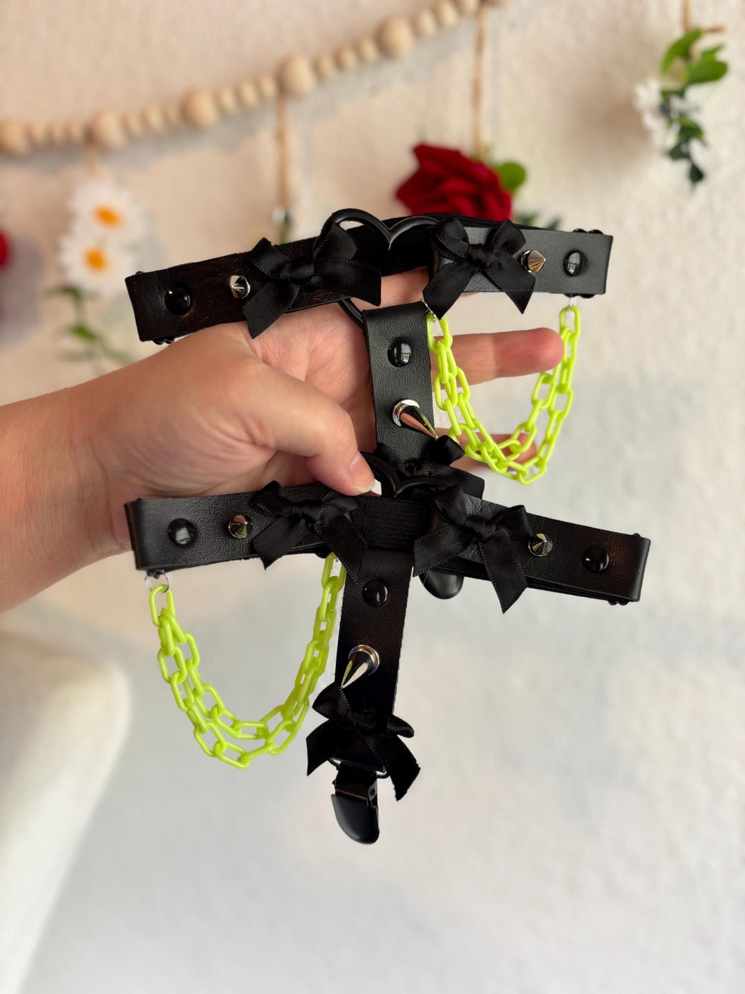Black Faux Leather Spiked Lime Green Chain Leg Garters Fully Adjustable ...