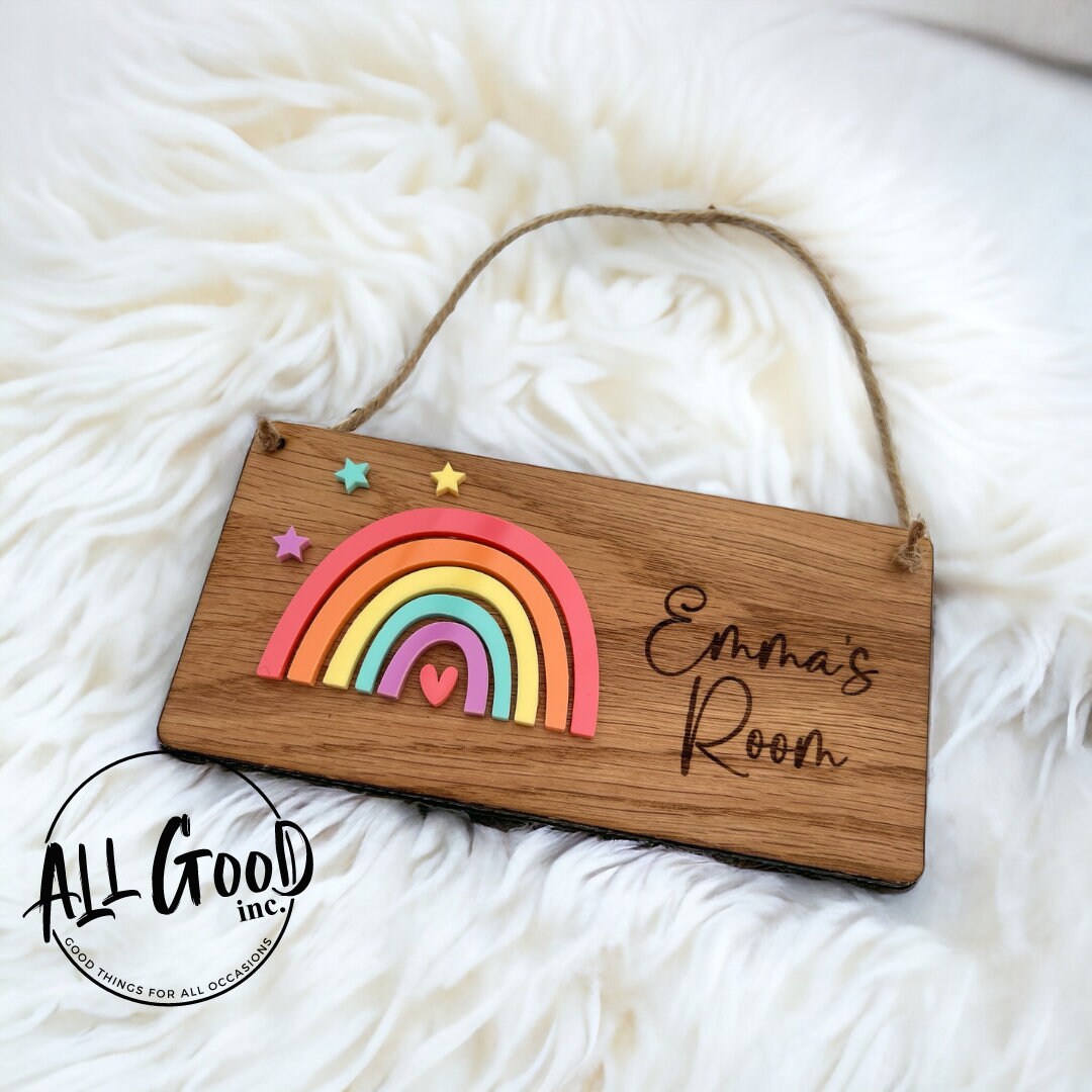 Personalised Boho Rainbow Sign Oak Veneer Engraved Plaque Bedroom Decor ...