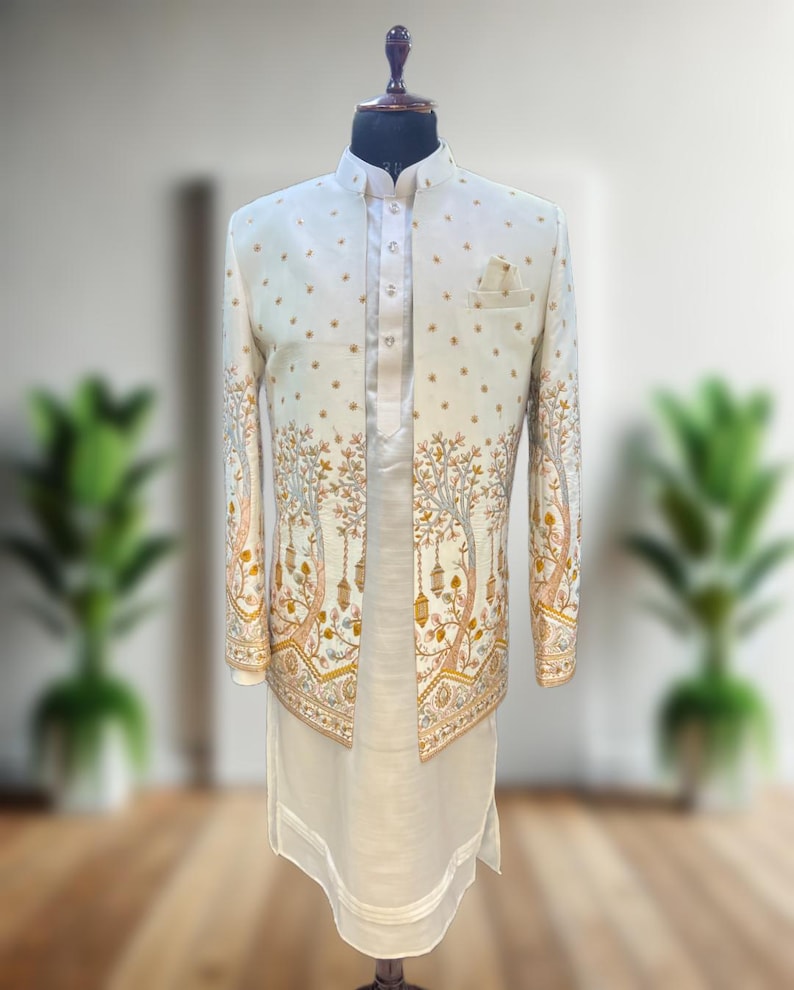Luxury Jodhpuri 3-piece Set: Embroidered Open Jacket, Kurta, Pant - Etsy