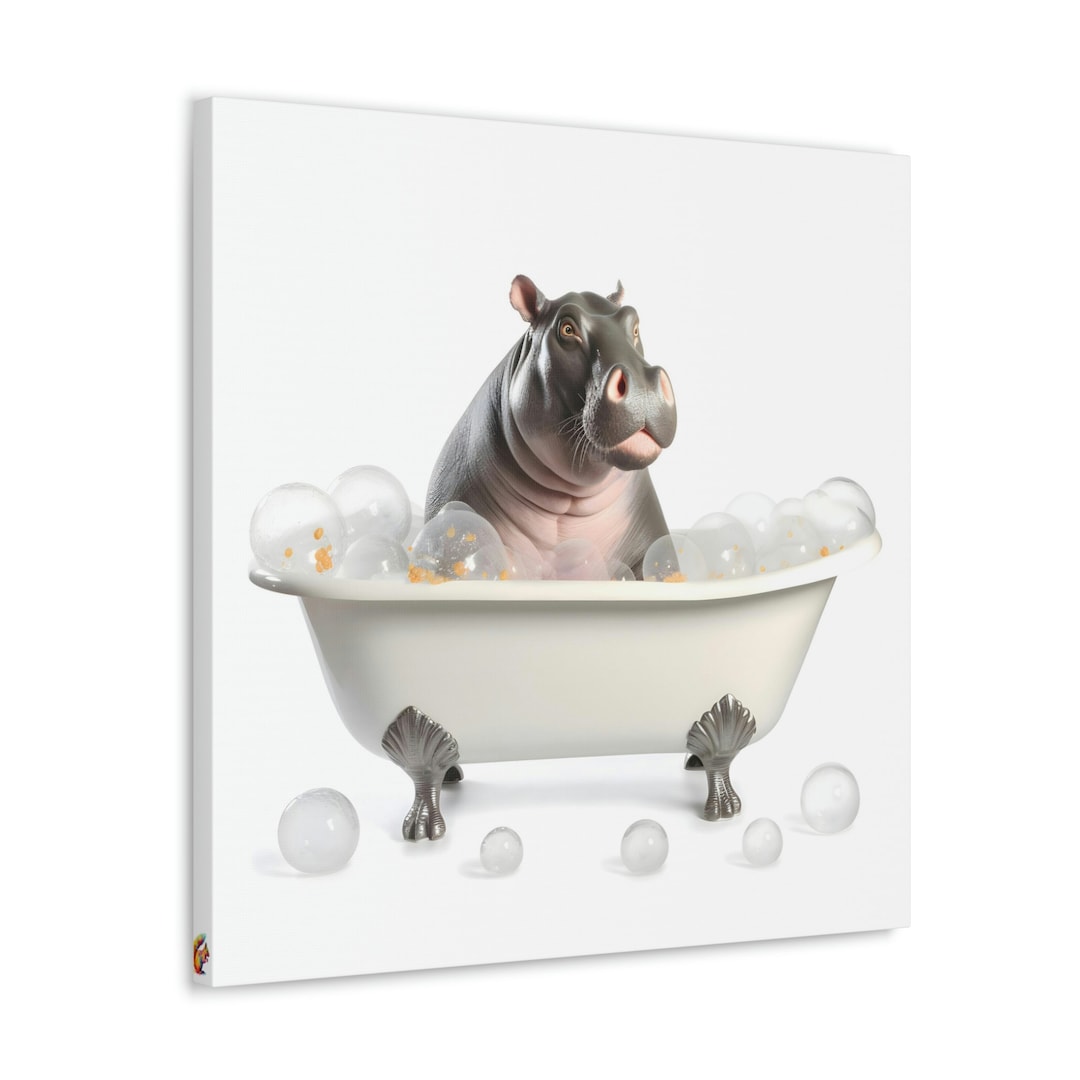 Tubby Time for Hippo Canvas, Hippo in Bubble Bath, Bathroom Decor, Kids ...