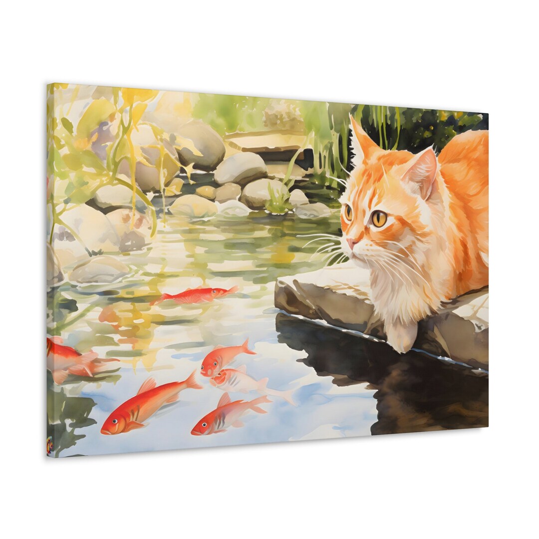 Canvas Cat With the Koi, Farmhouse Cat, Cat With Fish, Farmhouse Decor ...