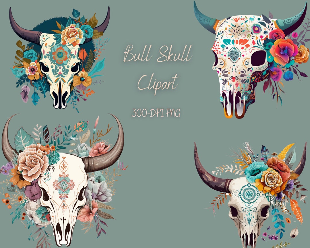 Boho Floral Bull Skull Clipart SVG, PNG, Boho Digital Art, Watercolor ...