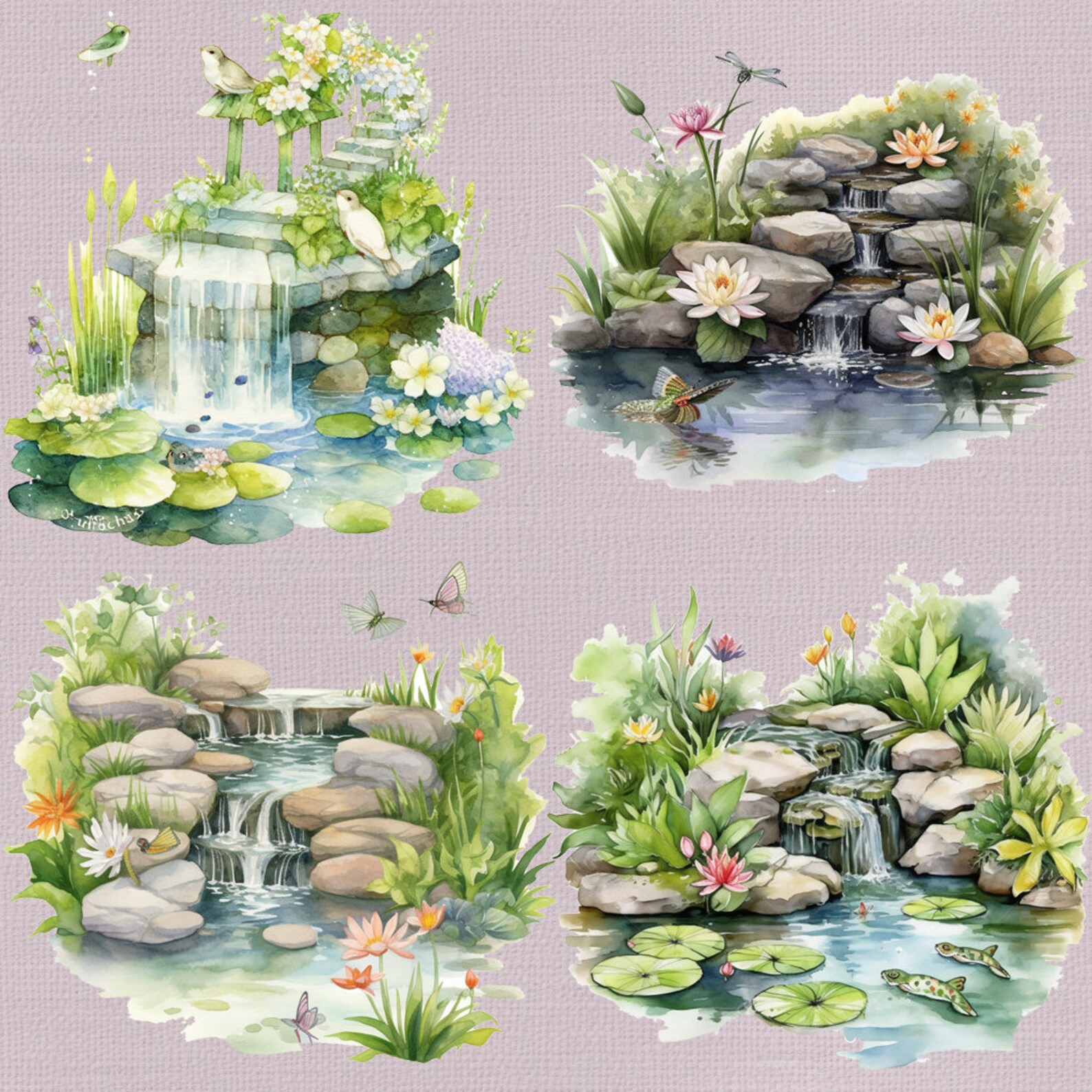 Watercolor Lily Pond PNG Clipart - Frog and Dragonfly in the Frogpond ...