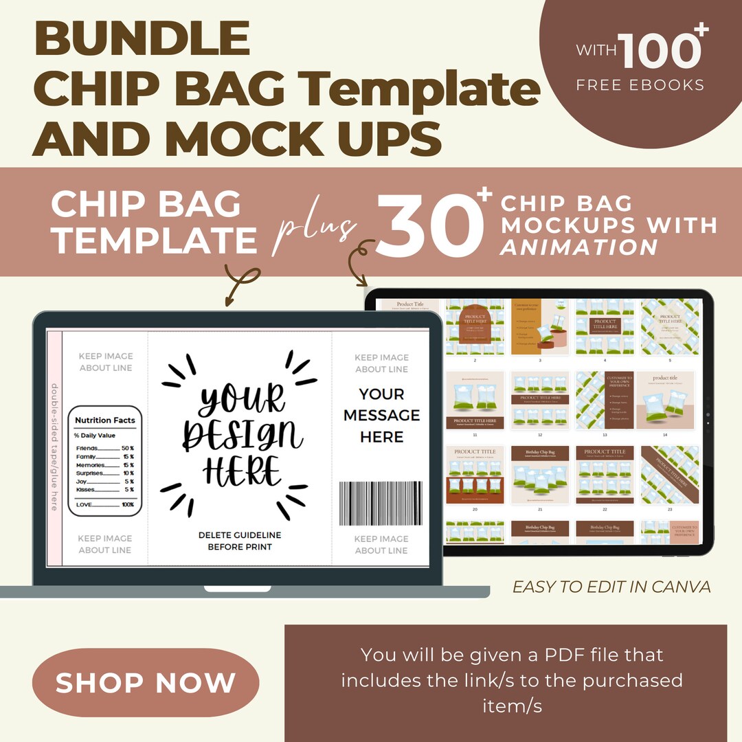 BUNDLE A4 Chip Bag Template and Mock Up, Canva Editable Chip Bag ...