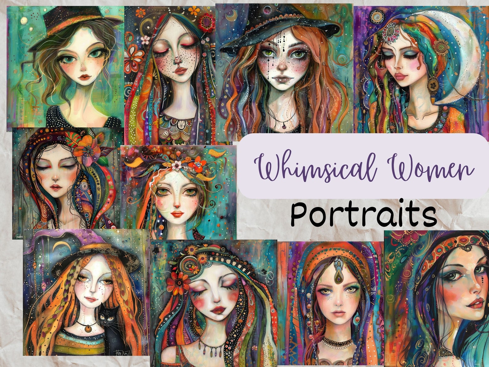 Whimsical Women Portraits Clipart, 35 PNG Files, Whimsy Witchy Gypsy ...