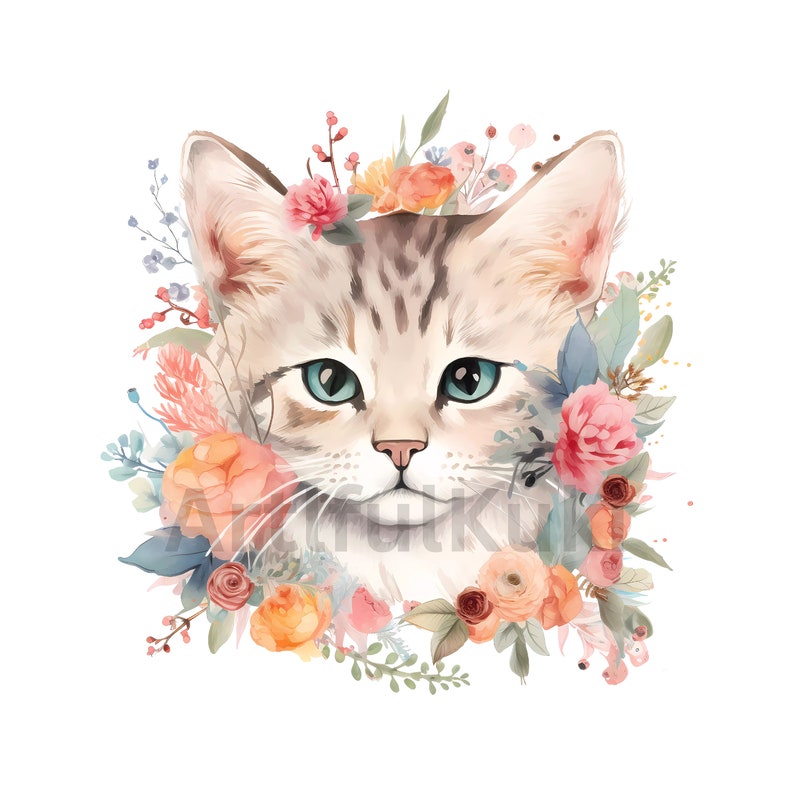 Boho Floral Cat Clipart - Cat Clip Art for Instant Digital Download ...
