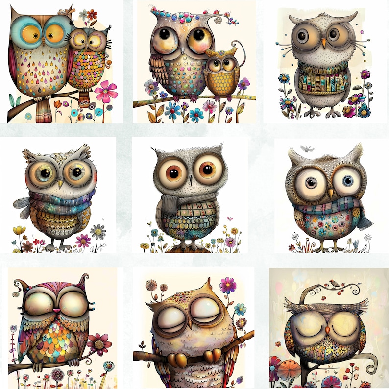 Quirky Whimsical Owl Clipart- 34 PNG Images, Instant Download Digital ...