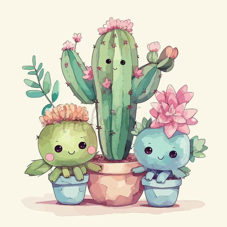 Cute Kawaii Cacti Clipart Set: 9 Pngs Without Background, Instant ...