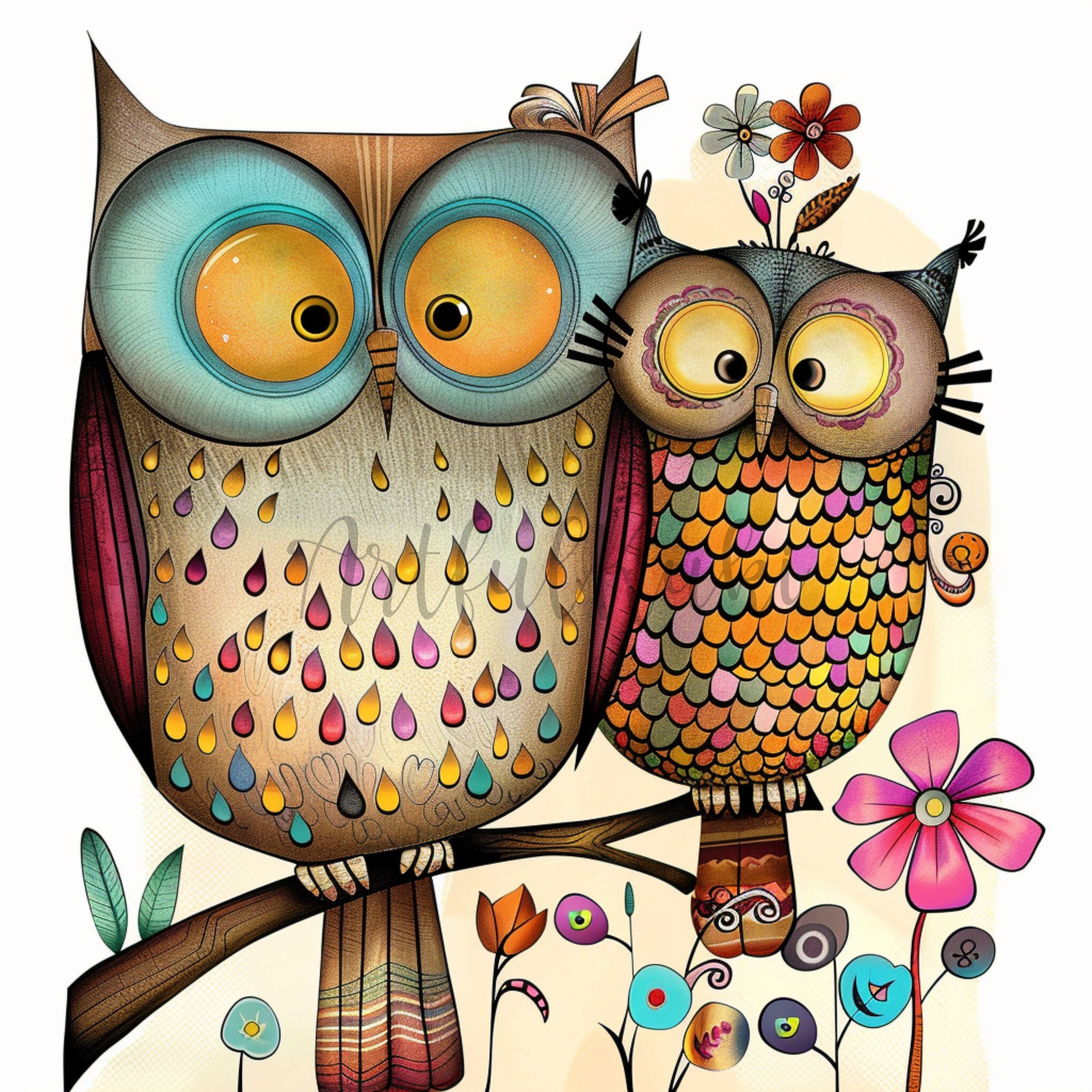 Quirky Whimsical Owl Clipart- 34 PNG Images, Instant Download Digital ...