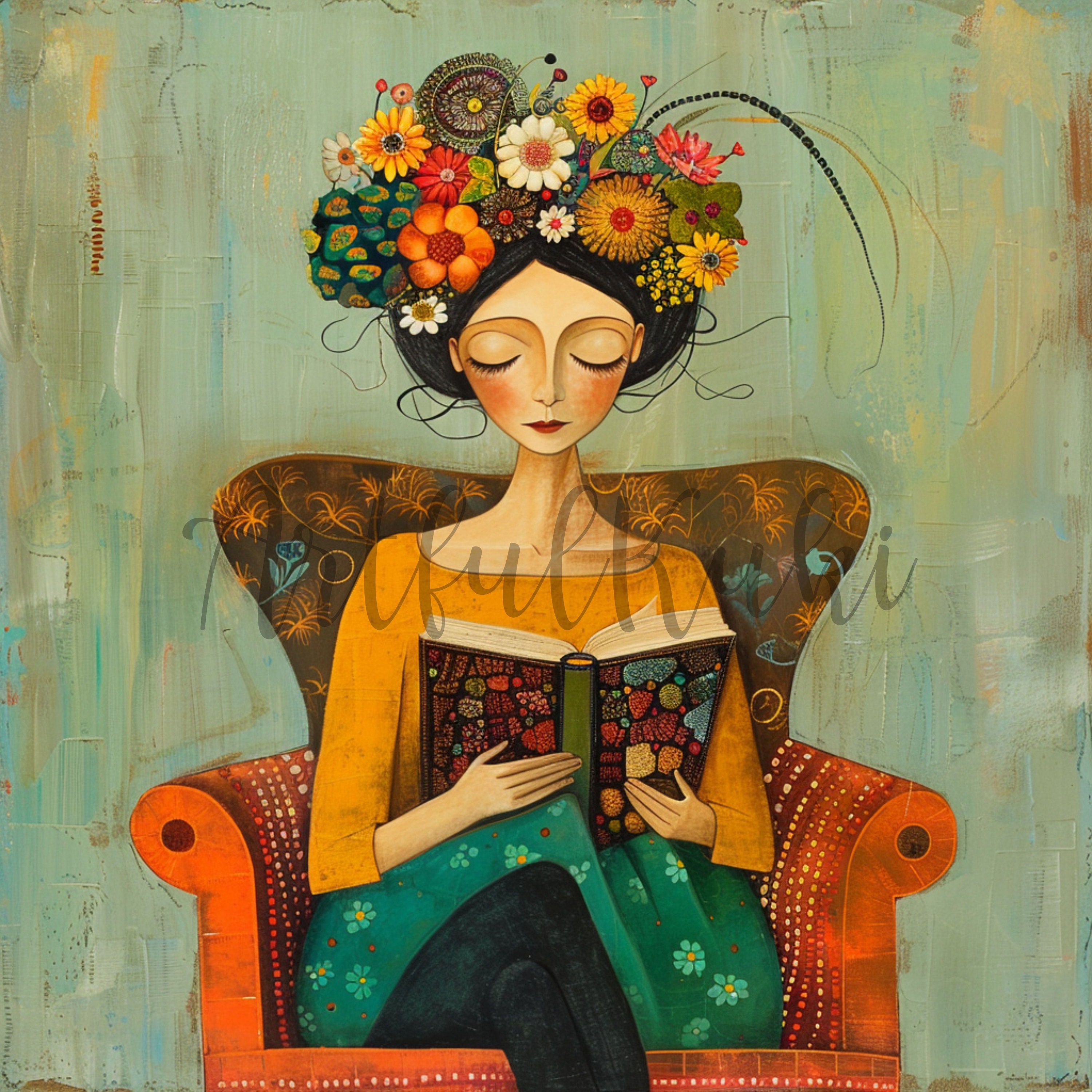 Whimsical Woman Reading - 6 PNG Images, Digital Instant Download ...