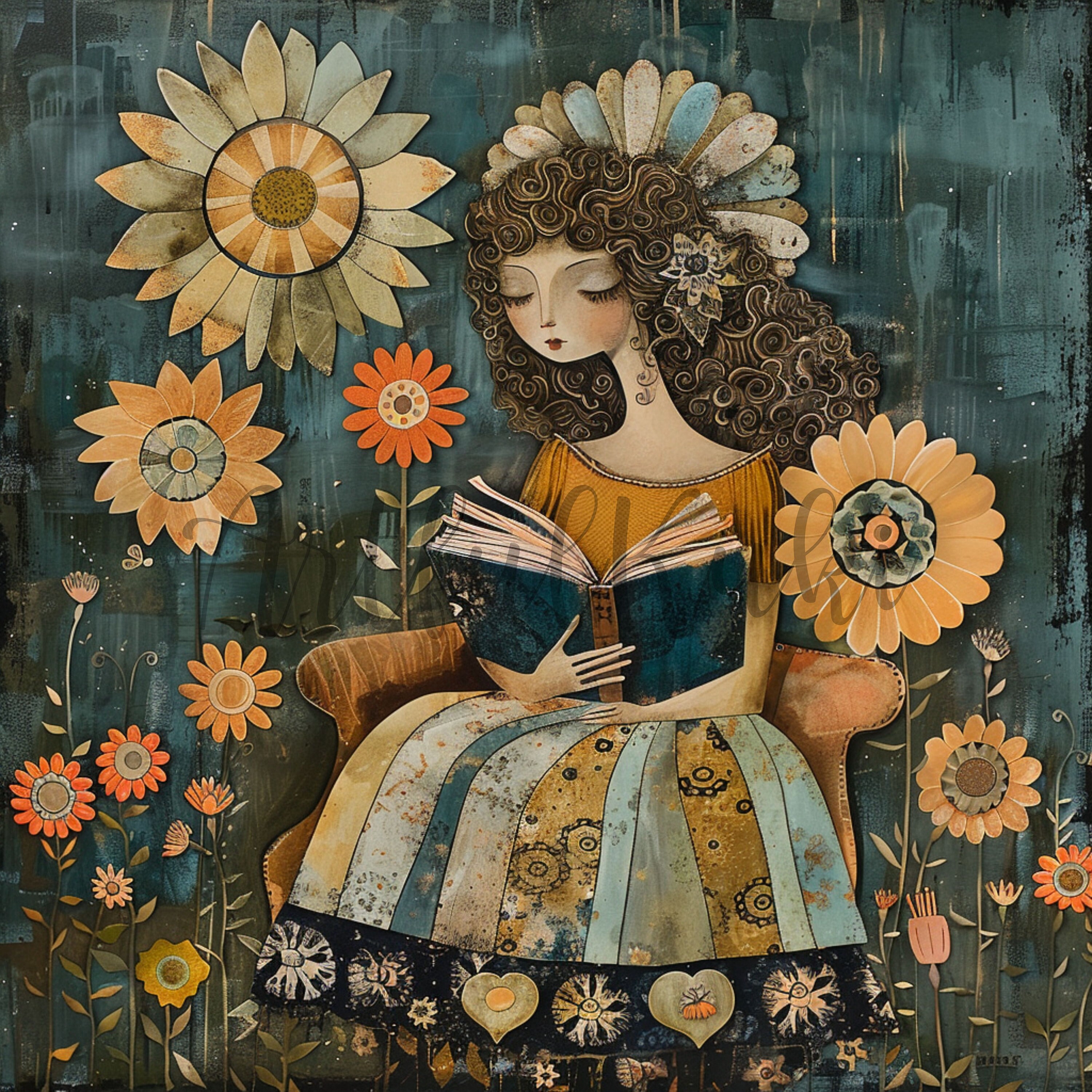 Whimsical Woman Reading - 6 PNG Images, Digital Instant Download ...