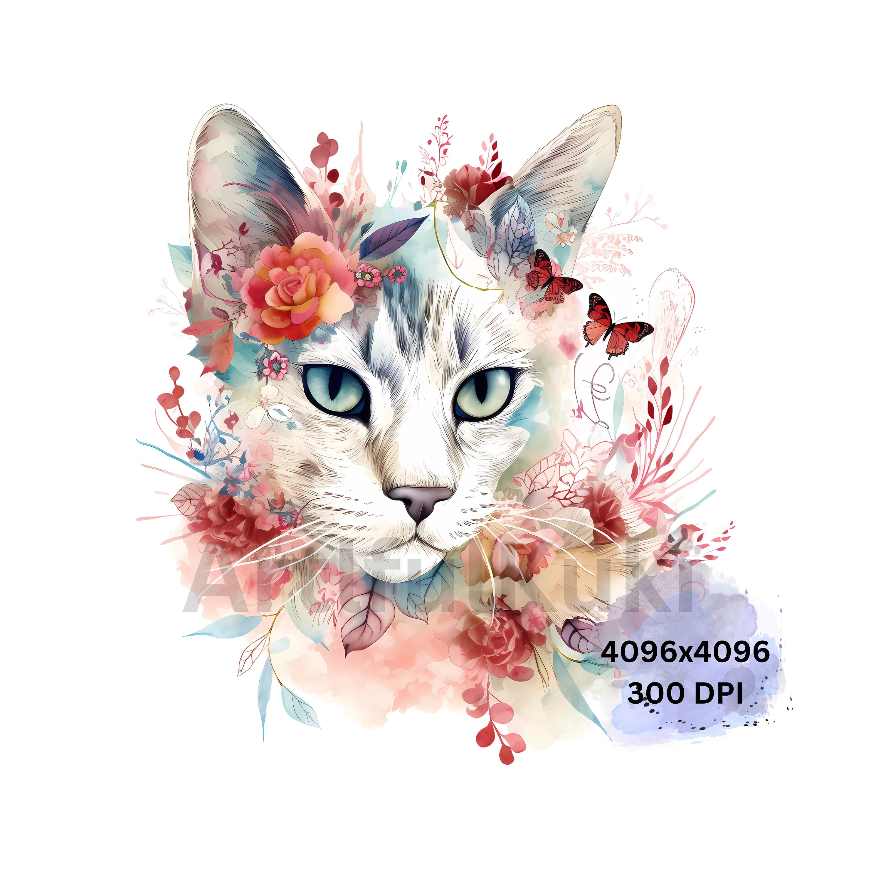 Boho Floral Cat Clipart Cat Clip Art for Instant Digital Download With ...