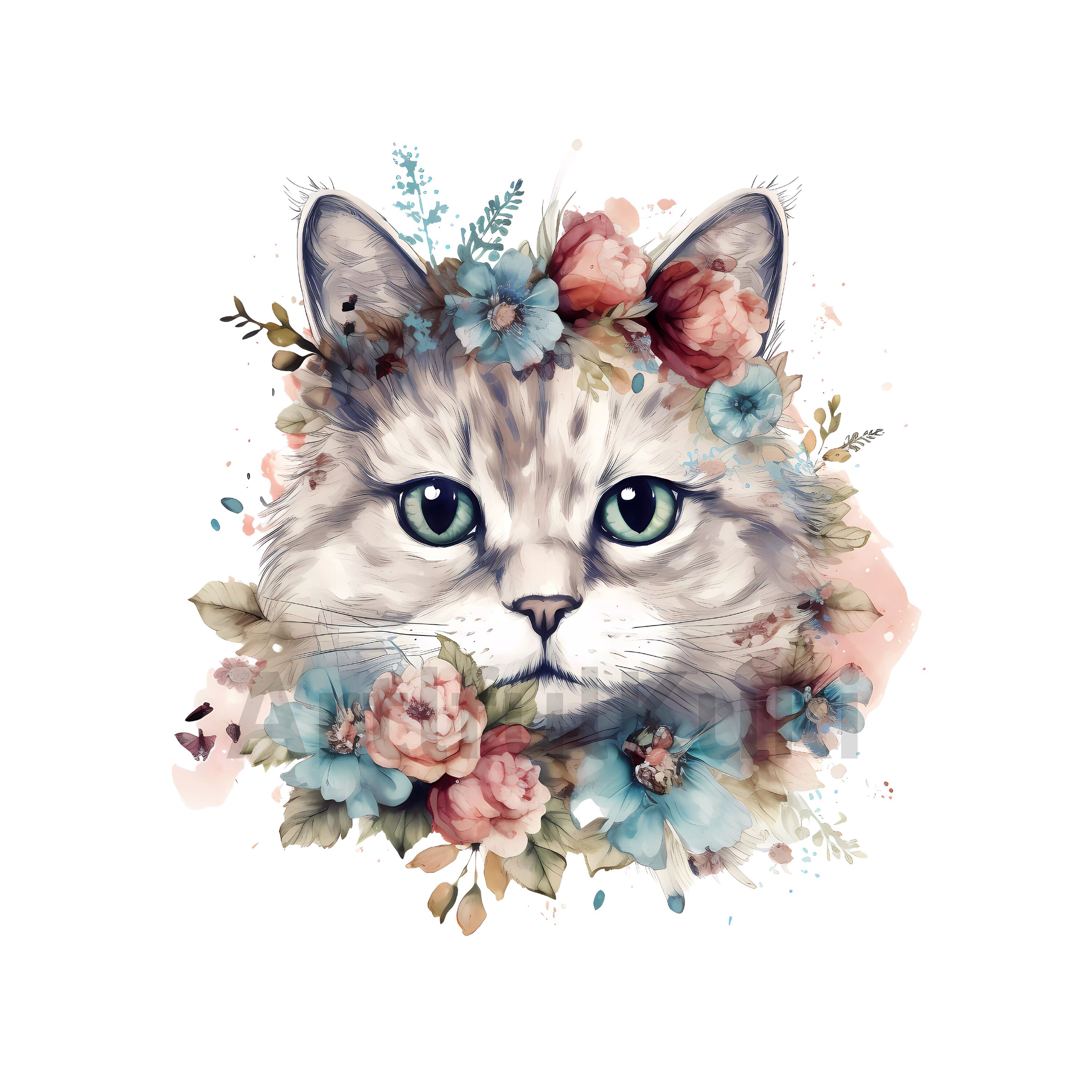 Boho Floral Cat Clipart Cat Clip Art for Instant Digital Download With ...