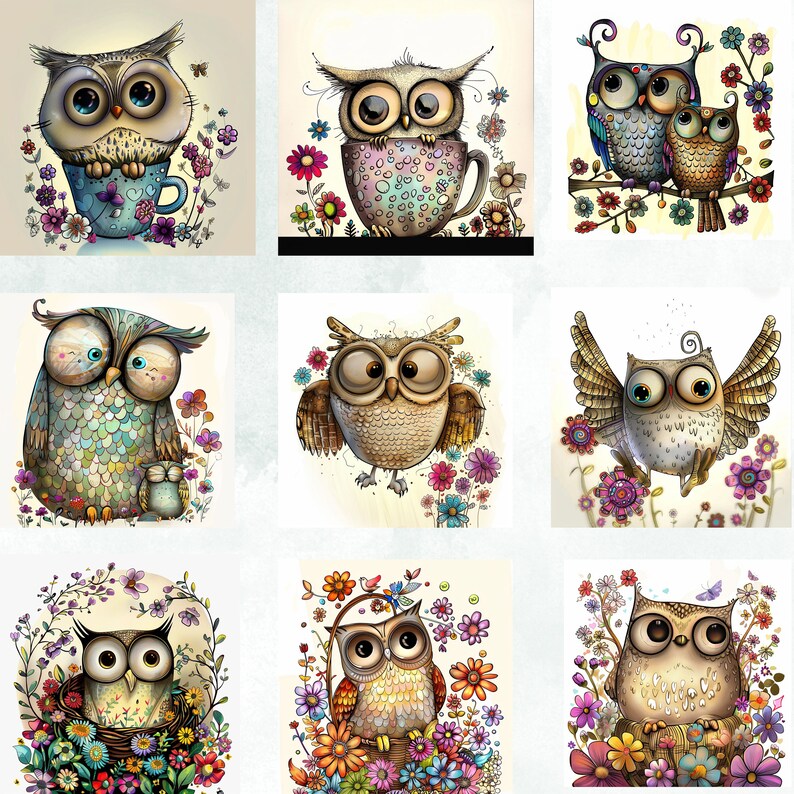 Quirky Whimsical Owl Clipart- 34 PNG Images, Instant Download Digital ...