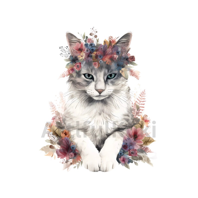 Boho Floral Cat Clipart - Cat Clip Art for Instant Digital Download ...