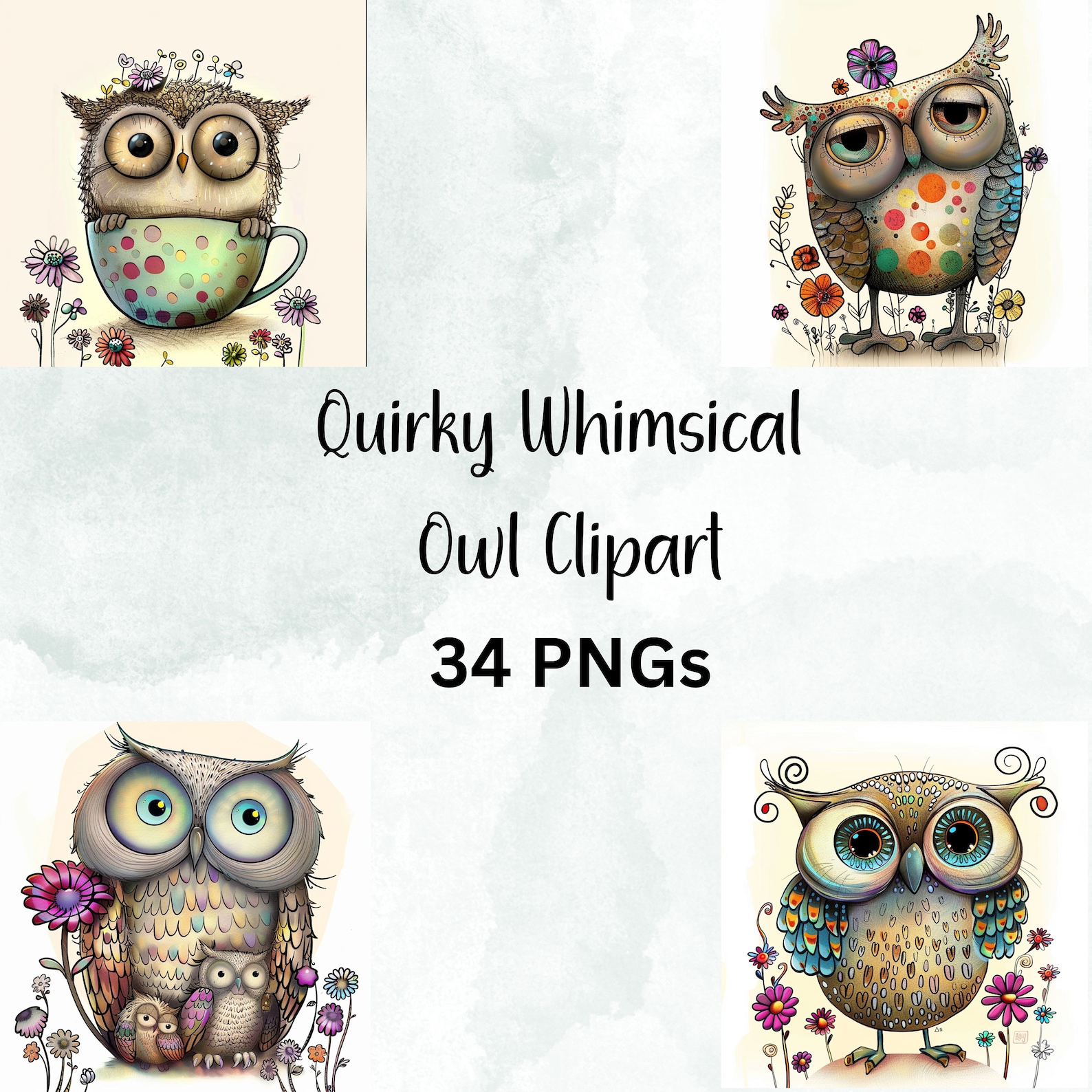 Quirky Whimsical Owl Clipart- 34 PNG Images, Instant Download Digital ...