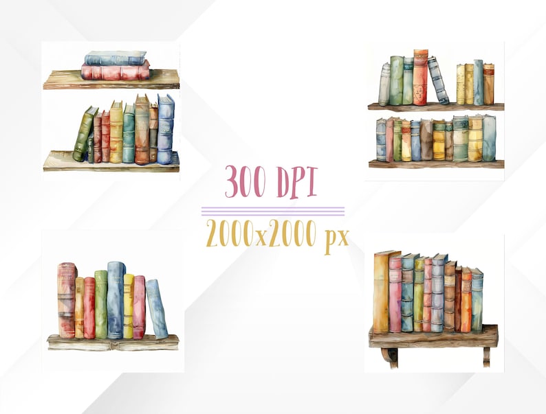 Books on A Shelf Clipart Collection, 16 Pngs White Bakcground, Instant ...